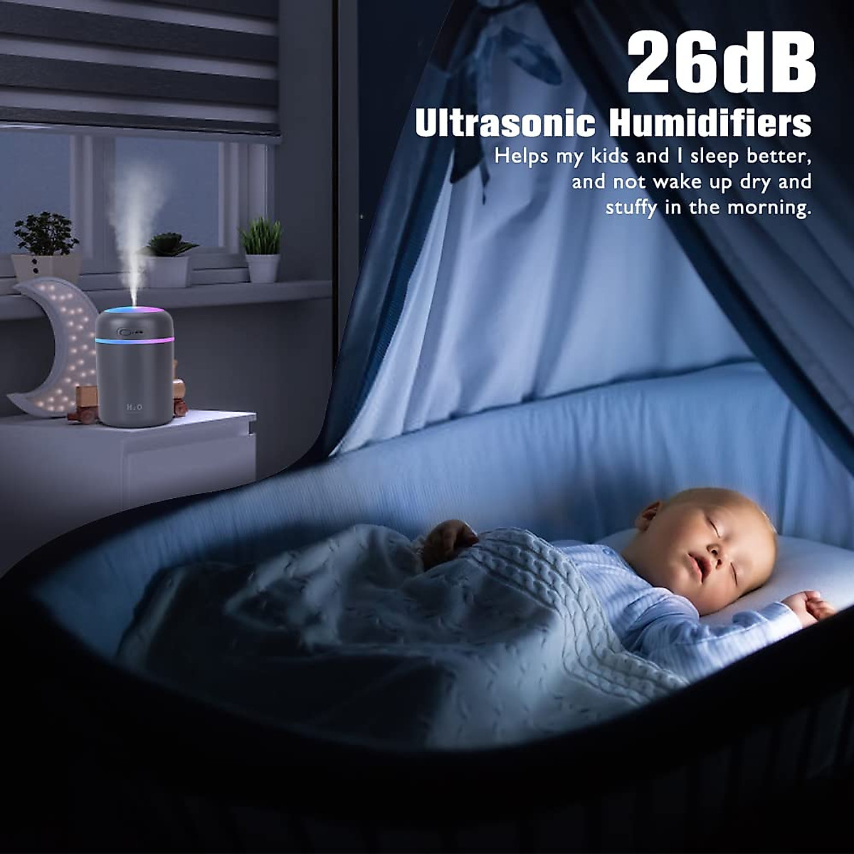 Colorful Cool Mini Humidifiers with LED Night Light, USB 300ml Mist Humidifiers for Car Office Room Bedroom, 26db Quiet Ultrasonic Humidifiers, Portable Diffuser for Essential Oils Gray