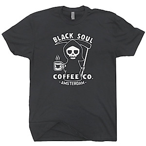 XL - Black Soul Coffee T Shirt Cool Vintage Amsterdam Shirt for Men Women Weird Funny Retro Death Coffee Graphic Tee