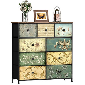 Tohomeor Dresser with Drawers for Bedroom Chest of Drawers Fabric Dresser for Closet,Nursery Entryway Hall Tree TV Stand for Living Room Retro Floral Pattern Drawers Wooden Top (9 Drawers)