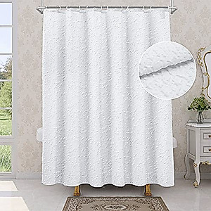 SUMGAR White Shower Curtain Farmhouse Modern Fabric Cloth Bathroom Curtains Set with Hooks 3D Embossed Textured Polyester Ruffle Like Decorative Washable Waterproof Summer Luxury Bath Curtain 72"x72"