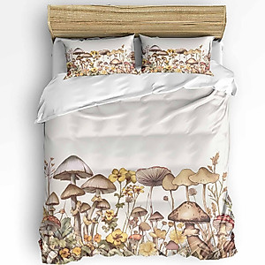 Boanket 3 Pieces Bedding Set Full Size, Vintage Mushroom Soft Duvet Cover Set Comforter Cover Set with Zipper Closure&Corner Ties All-Season Breathable Bedding Set Farmhouse Summer Botanical Floral