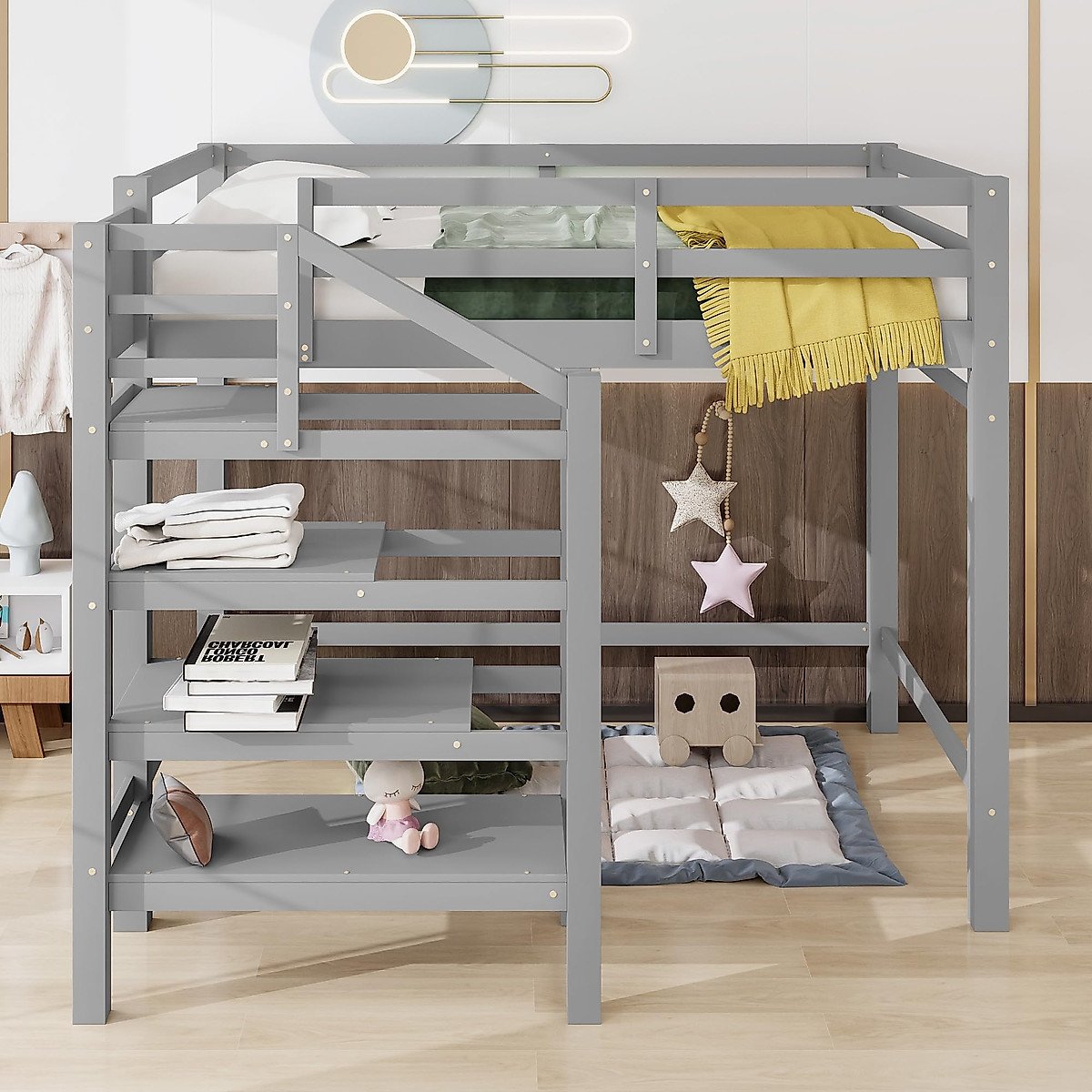 Bellemave Full Size Loft Bed with Stairs, Wood Loft Bed Frame with Storage Shelves and Hanging Rod Gray Loft Beds for Kids Boys Girls Adults Teens Dorm Bedroom