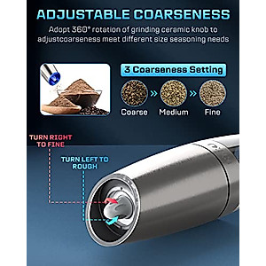 Gravity Electric Salt and Pepper Grinder Set, Automatic Pepper and Salt Mill Grinder,Battery-Operated with Adjustable Coarseness, Premium Stainless Steel with LED Light, One Hand Operated