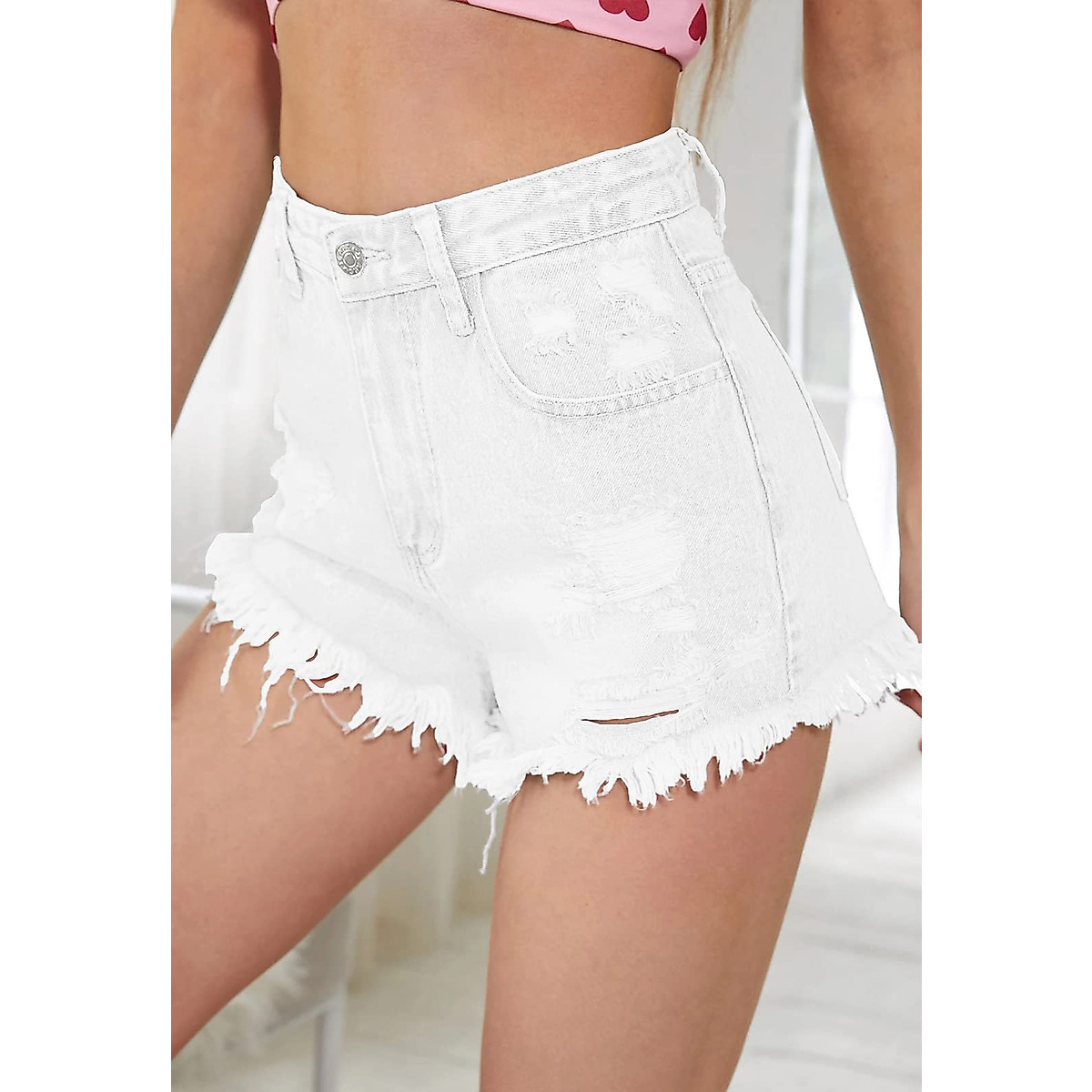 Metietila Women's High Waisted Stretchy Denim Shorts Ripped Raw Hem Summer Jeans Shorts White Medium