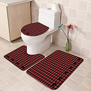 Bath Rugs for Bathroom Set 3 Piece-Buffalo Check Plaid Bear Black and Red,Non-Slip Washable Memory Foam Absorbent Bath Mat Runner Rugs for Tub Shower,U-Shaped Toilet Floor Mats,Toilet Lid Cover