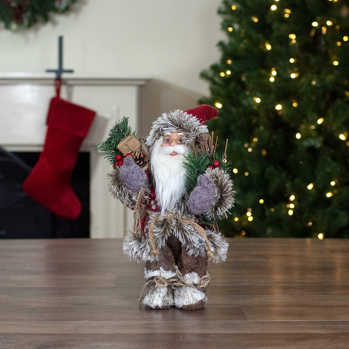 12-Inch Standing Outdoor Santa Christmas Figure with Fur Boots and Presents