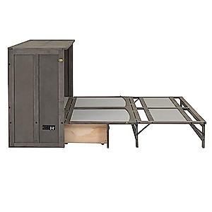 Yuxuanhang Queen Size Solid Wood Murphy Bed with Charging Station and Large Storage Drawer, Space-Saving Design for Small Spaces Guest Room Lounge or Office, Antique Grey