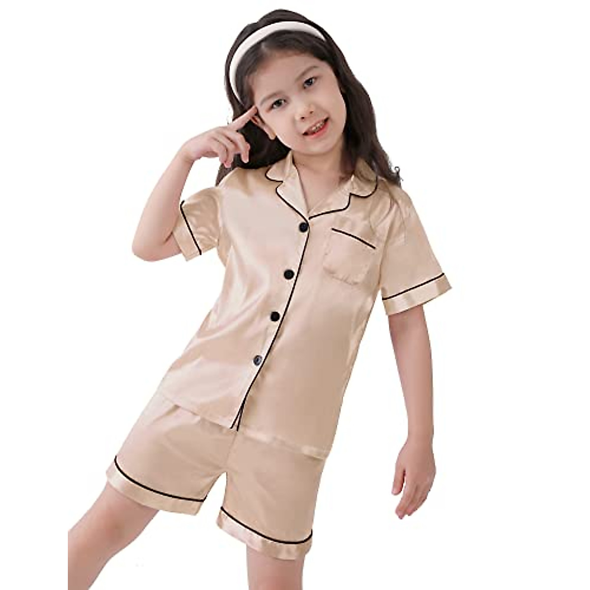 SWOMOG Kids Satin Pajamas Sets Girls Boys Button-Down Pjs Short Sleeve Silk Nightwear 2 Piece Lounge Sets