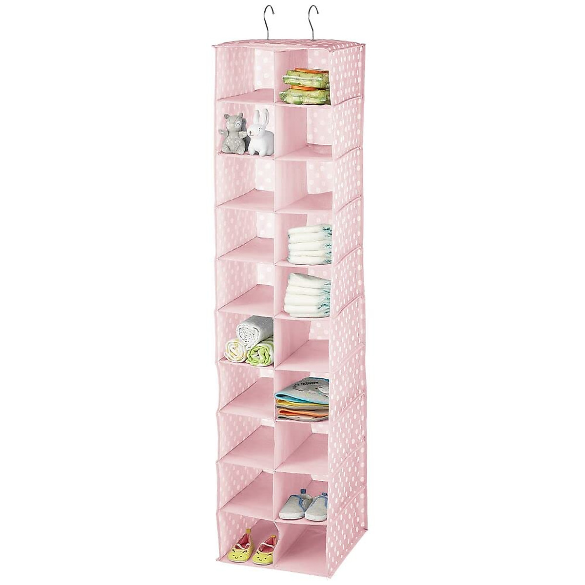 mDesign Soft Fabric Over Closet Rod Hanging Storage Organizer with 20 Shelves for Baby Room or Nursery - Tiered Hanging Organizers - Polka Dot Print - Pink/White