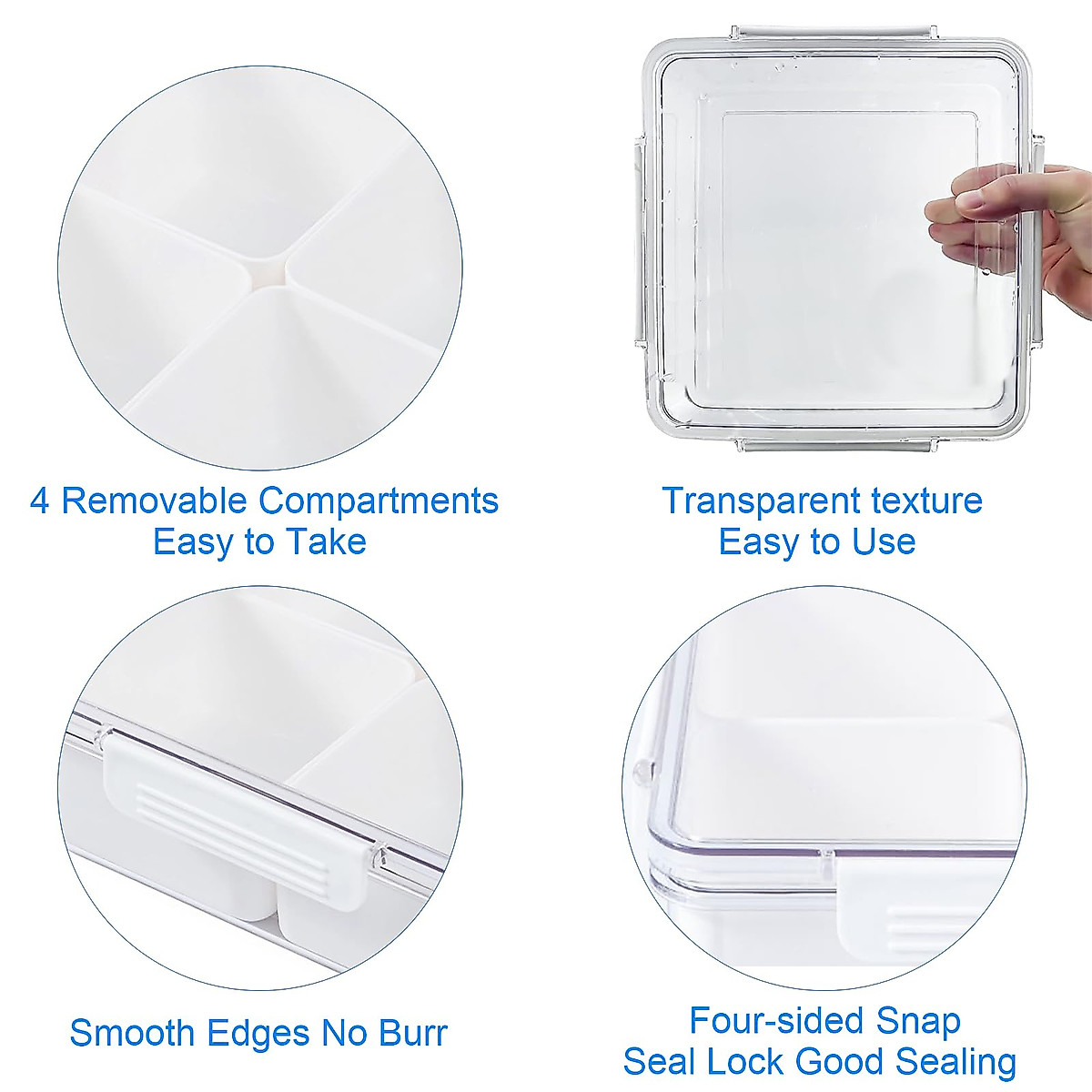 Famiredo Food Storage Organizer with Lid, Divided Serving Tray with 4 or 5 Removable Boxes, Stackable Refrigerator Organizer Bins Produce Saver for Meal Prep(Square)