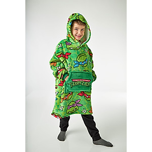 Teenage Mutant Ninja Turtles Boys Wearable Hooded Blanket | Green All Over Print Fleece Hoodie | Pullover Cartoon Loungewear
