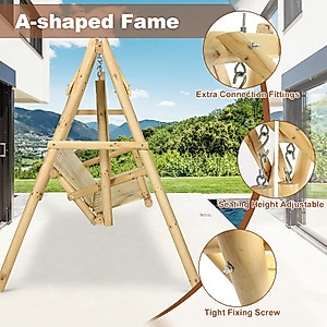 HOMEDIARY Wooden 2-Seat Porch Swing with A-Frame Stand, Outdoor Patio Swing Chair Bench w/Slatted Design, Outside Swing Bench w/550lbs High Capacity for Garden Patio Backyard Porch, Natural