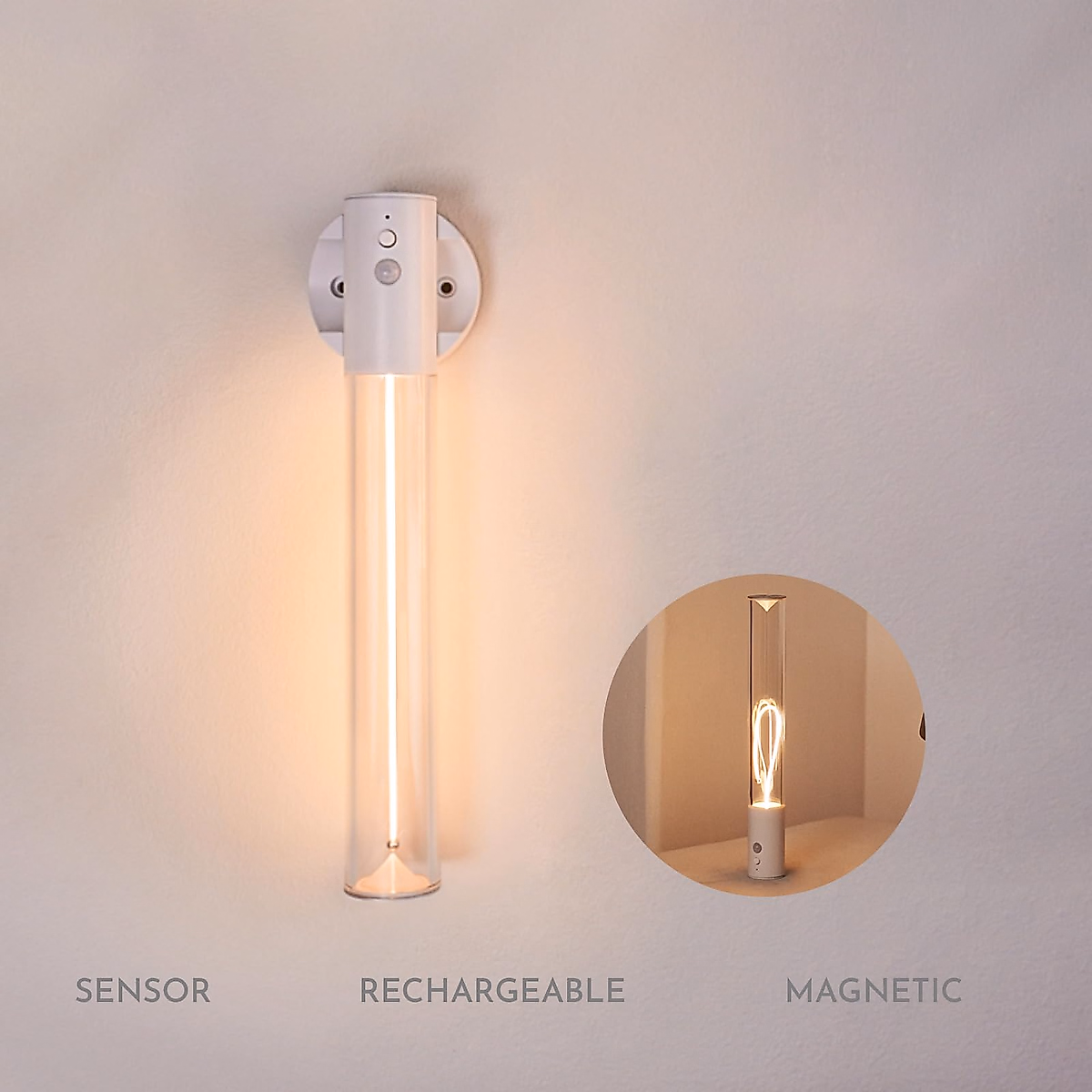 AUGE LIGHT 3-in 1 Battery Powered Wall Light Magnetic LED Wall Lamp Cordless Wall Lights Motion Sensor Wall Sconces for Indoor Staircase Corridor Beside Hallway Cabninet(White)