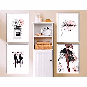 Watercolor Fashion Women Wall Art Glam Poster Modern Artwork for Girls Bedroom Pink Flowers Perfume Handbag High Heel Lips Paintings for Women Room Bathroom Gift (8x10 inch，Set of 4，Unframed)