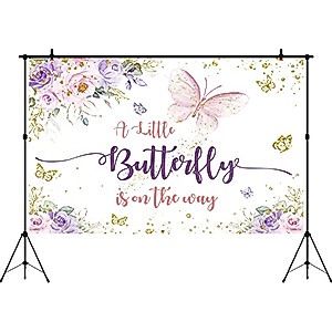 Aperturee 5x3ft Butterfly Baby Shower Backdrop A Little Butterfly is on The Way Photo Purple and Pink Floral Gold Spots Flowers Photography Background Princess Girl Party Decoration Banner Photo Booth