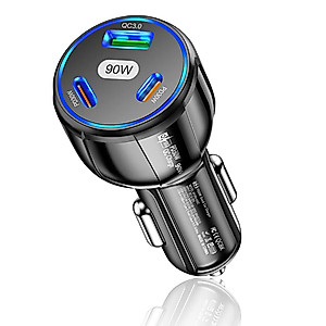 Car Fast Charger,90W Type C Car Charger Car Accessories, Car Accessories Cigarette Lighter USB Car Charger Compatible with iPhone 14/13/12/Mini/Pro/Pro Max (Black)