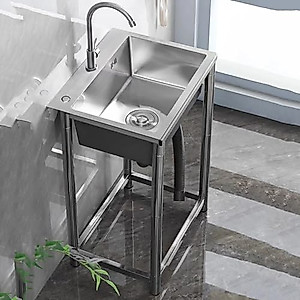 DOUKI Outdoor Stainless Steel Sink, Free Standing Small Sink, Kitchen Sink Single Bowl Prep & Utility Sink, Portable Garden Sink W/Hot and Cold Faucet (Size : 18 x16 inch (45x40 cm))