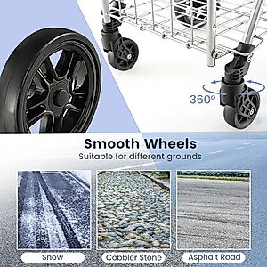 Goplus Folding Shopping Utility Cart, Double Basket and 360° Swivel Wheels, Adjustable Handle, Small Cart Perfect for Grocery Laundry Book Luggage Travel