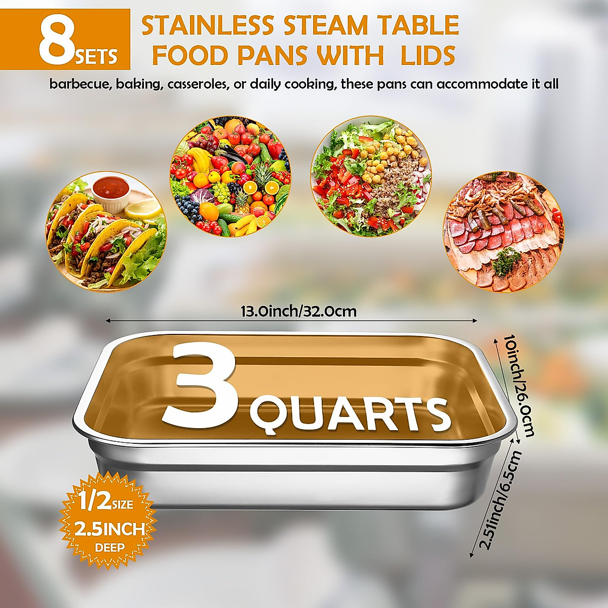 Suttmin 8 Pcs Stainless Steel Food Storage Containers with Lids Hotel Pans Chicken Food Grade Pans Metal Meal Food Containers for Restaurant Stackable Kitchen Freezer Buffet(2.6 Inch Deep)