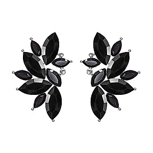 Art Deco Antique Vintage Style Black Onyx Jet Rhinestone Cluster Bridal Prom Gatsby Formal Wedding Earrings