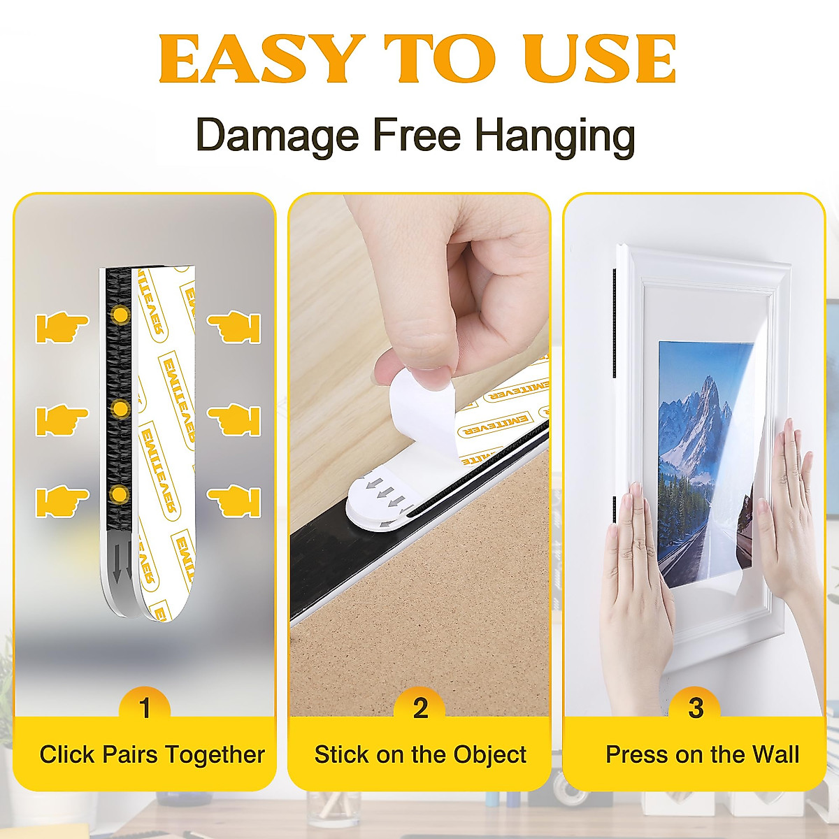 EMITEVER Picture Hanging Strips Heavy Duty, Damage Free Hanging Picture Hangers for Walls, Picture Hanging Kit, Hanging Hooks Without Nails, Black Adhesive Poster Wall Strips 20-Pairs (40 Strips)