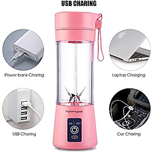 Tianmingwei Portable Blender USB Personal Juicer Cup 6 Blades Rechargeable Fruit Mixing Machine For Baby Travel 380ml[New Version] (Pink)
