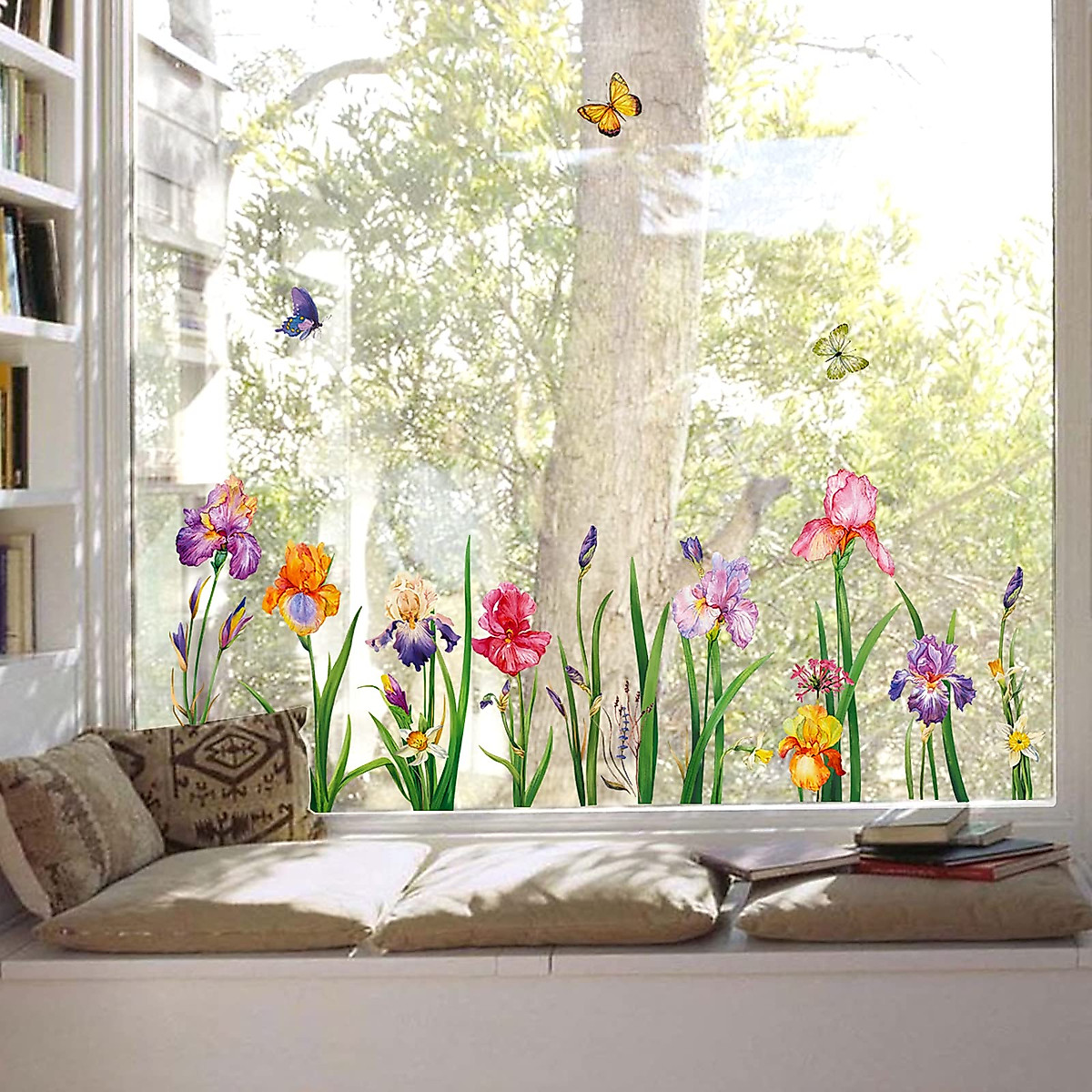 decalmile Garden Flower Window Clings Double Sided Iris Floral Spring Easter Window Decals Glass Window Doors Window Stickers Gifts for Mom