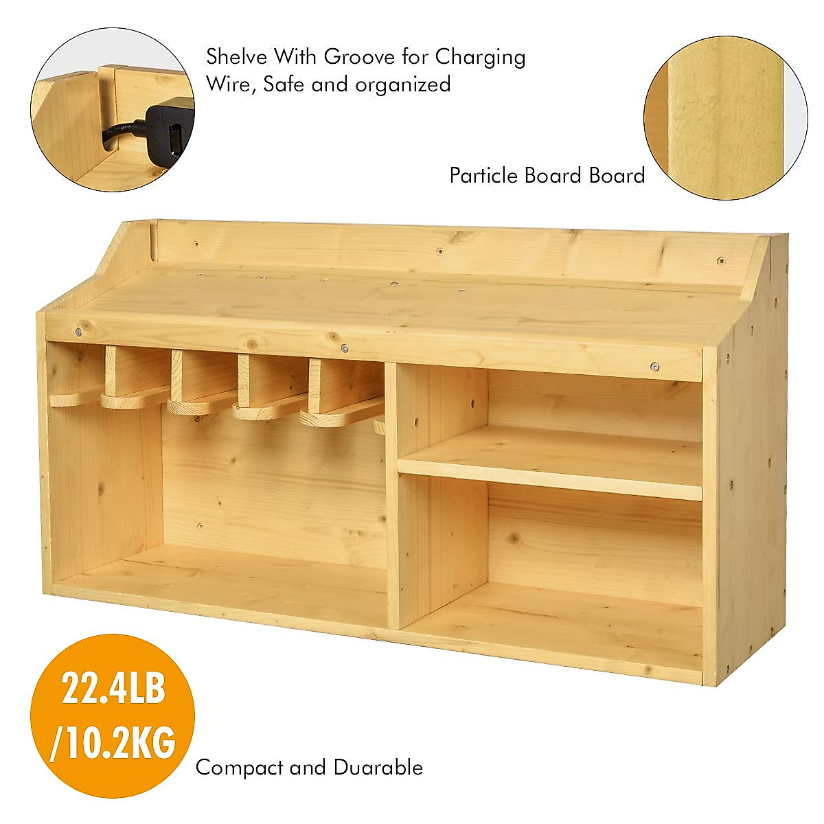 XCSOURCE Power Tool Organizers and Storage Cabinets, Wooden Drill Charging Station, 5 Slots Drill Holder Storage Racks Wall Mount with 3 Shelves for Work Bench, Wrench, Screwdriver, Drills