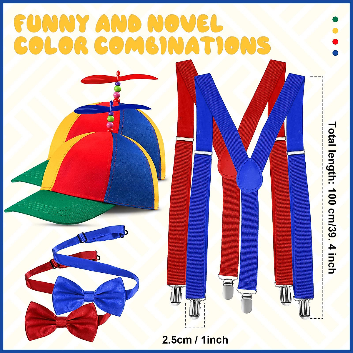 2 Pcs Rainbow Top Clown Hats Adjustable Elastic Y Back Style Suspenders Adjustable Bow Tie for Adults Men Firefighter Women