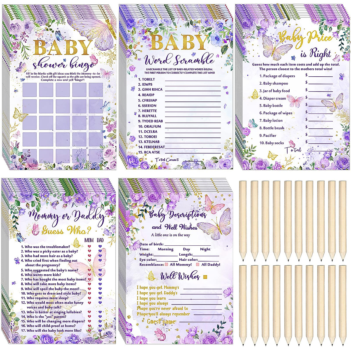 Nuanchu 145 Pcs Butterfly Theme Baby Shower Games, 5 Games, 25 Sheets Each with 20 Pencils, Baby Shower Bingo, Guess Who, Word Scramble, Baby Descriptions and Wishes Game