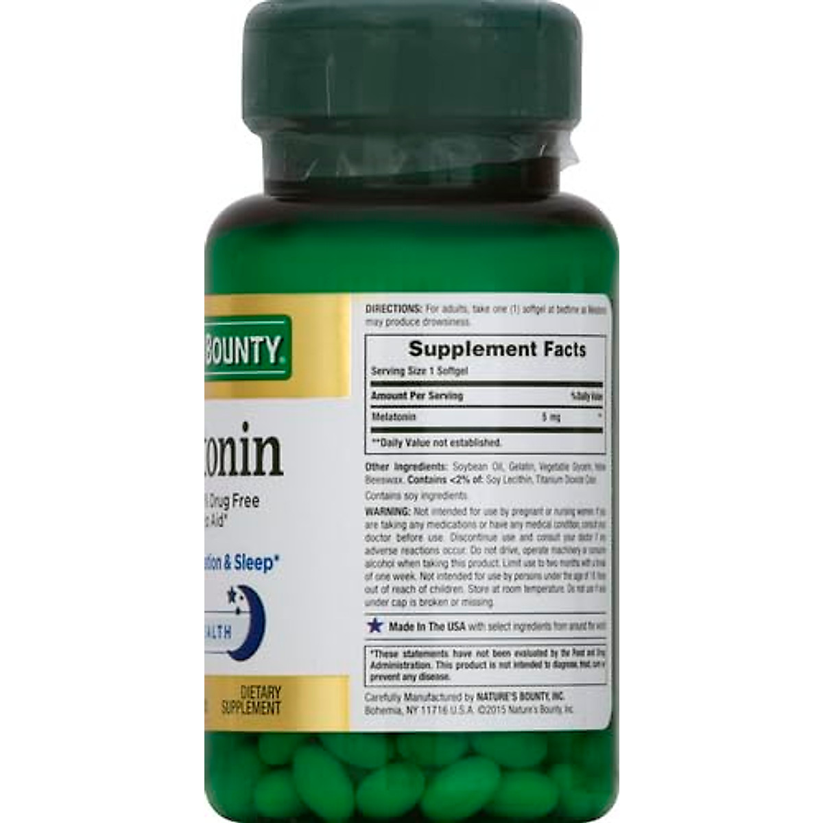 Nature's Bounty Melatonin, 100% Drug Free Sleep Aid, Dietary Supplement, Promotes Relaxation and Sleep Health, 5mg, 90 Softgels (Pack of 2)