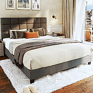 Fluest Queen Bed Frame Upholstered Bed Frame Platform with Adjustable Headboard Linen Fabric Tufted Headboard Wooden Slats Support/No Box Spring Needed/Easy Assembly/Mattress Foundation, Grey