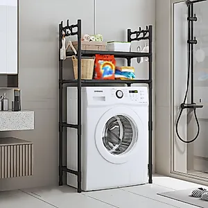 GAMAK Over Toilet Storage Shelf Free Standing, Over The Toilet Shelf for Bathroom, Stable Freestanding Above Toilet Organizer with Hooks for Bathroom Restroom Laundry (Color : Black, Size : 2 Tier)