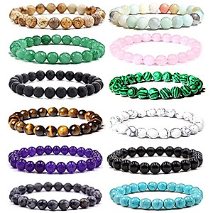 Jewdreamer 12Pcs 8mm Semi-Precious Gemstone Bracelet Healing Crystal Stone Beaded Bracelets for Women Men Unisex Adjustable Bead Stretch Bracelets Set