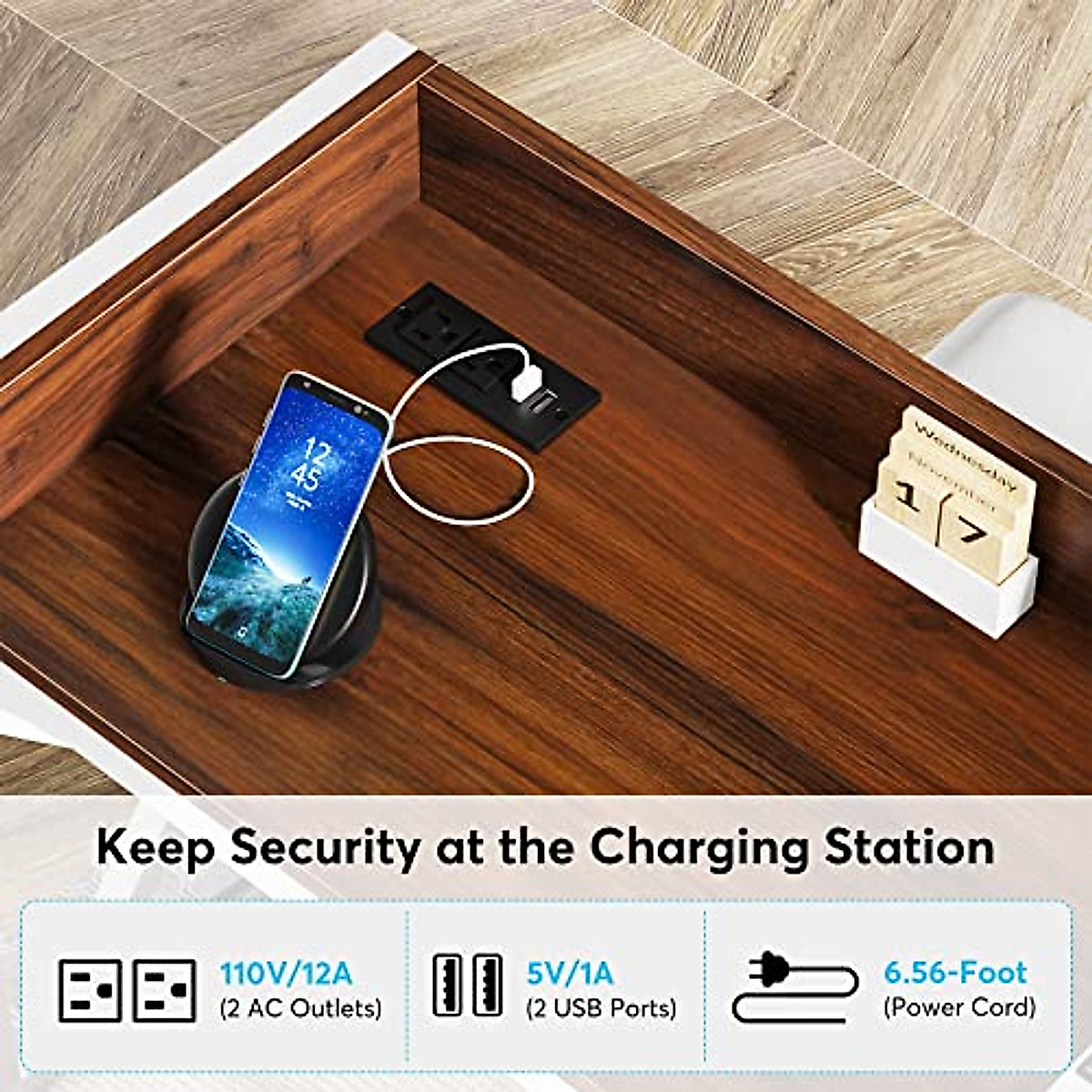 Tribesigns Over Bed Table with Wheels, 70.8" Overbed Desk with Outlet & USB, Mobile Queen Size Bed Table with White Metal Legs for Bedroom, Rolling Tray Table for Living Room, Hospital, Dark Walnut