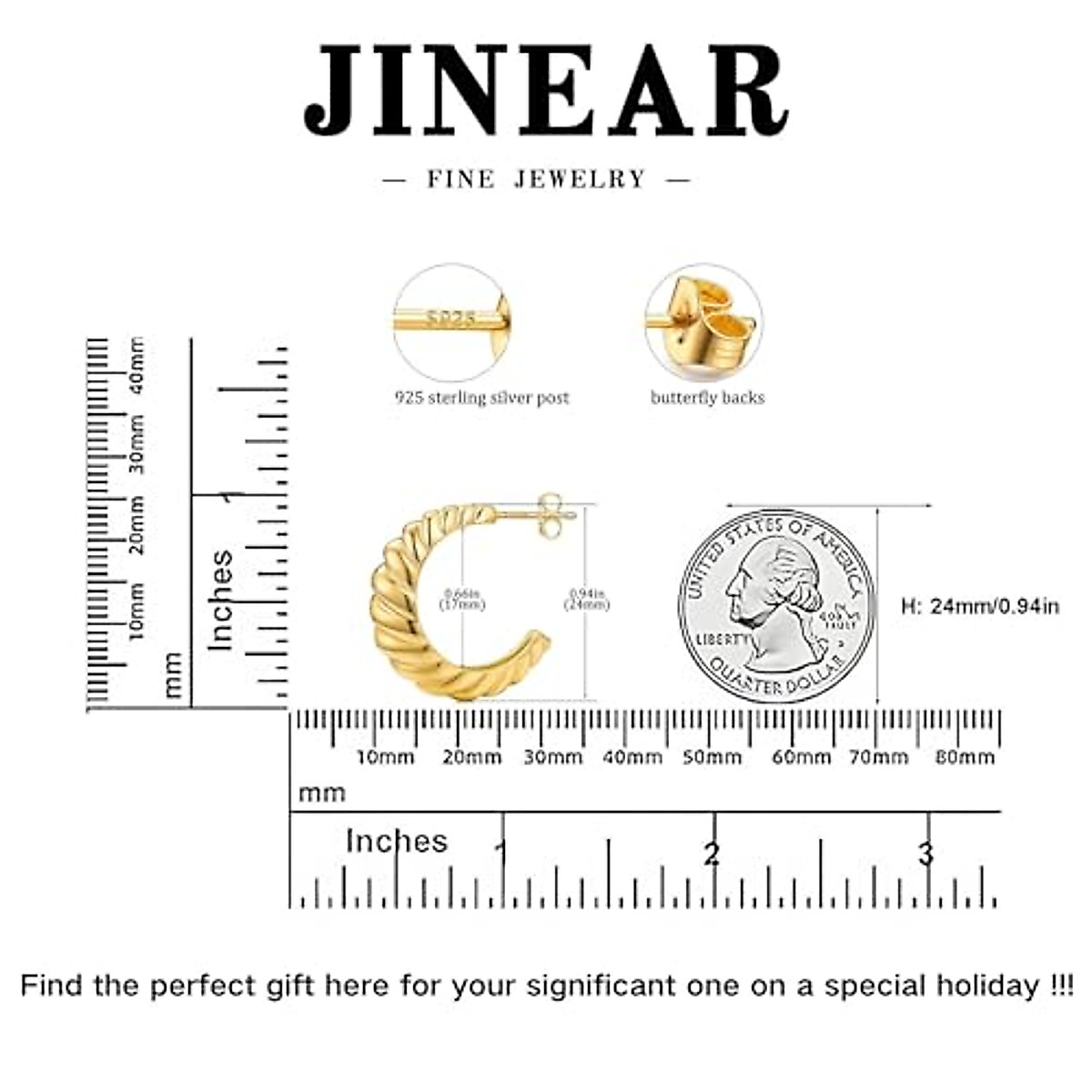 14K Gold Plated Croissant Earrings Twisted Round Hoop Earrings Chunky Hoop Earrings 925 Sterling Silver Post Earrings Huggies with CZ for Women and Gift for Her