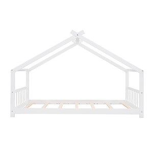 Merax Twin Wood Low House Bed with Headboard and Footboard Floor Bed Frame for Boys,Girls, Easy Assembly (Twin, White)