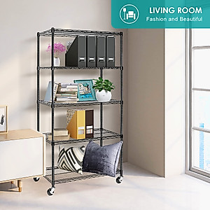 5 Tier Wire Shelving Rack with Wheels, 5 Tier Black Shelving Unit with NSF Certified, Adjustable Rolling Storage Metal Shelves, 18"D X 35.5"W X 71"H, 330Lbs Capacity, For Kitchen, Pantry, Garage
