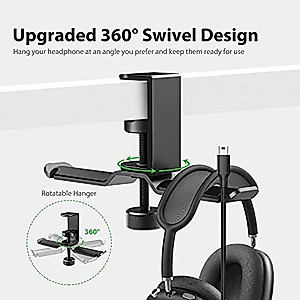 Dual Headphone Stand Hanger Under Desk, APPHOME 360 Degree Rotating PC Gaming Headset Holder Aluminum Clamp Hook Space Save Mount, Universal Fit All Headphones, Black