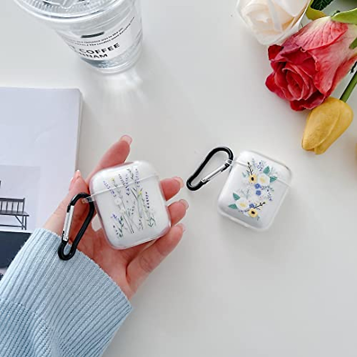 HJWKJUS Compatible with AirPods 1&2 Case for Women Girls,Elegance Lovely Floral Flower Blooms Soft Clear TPU Case with Keychain Anti-dust Shockproof Protective Cover for AirPods 1&2-P