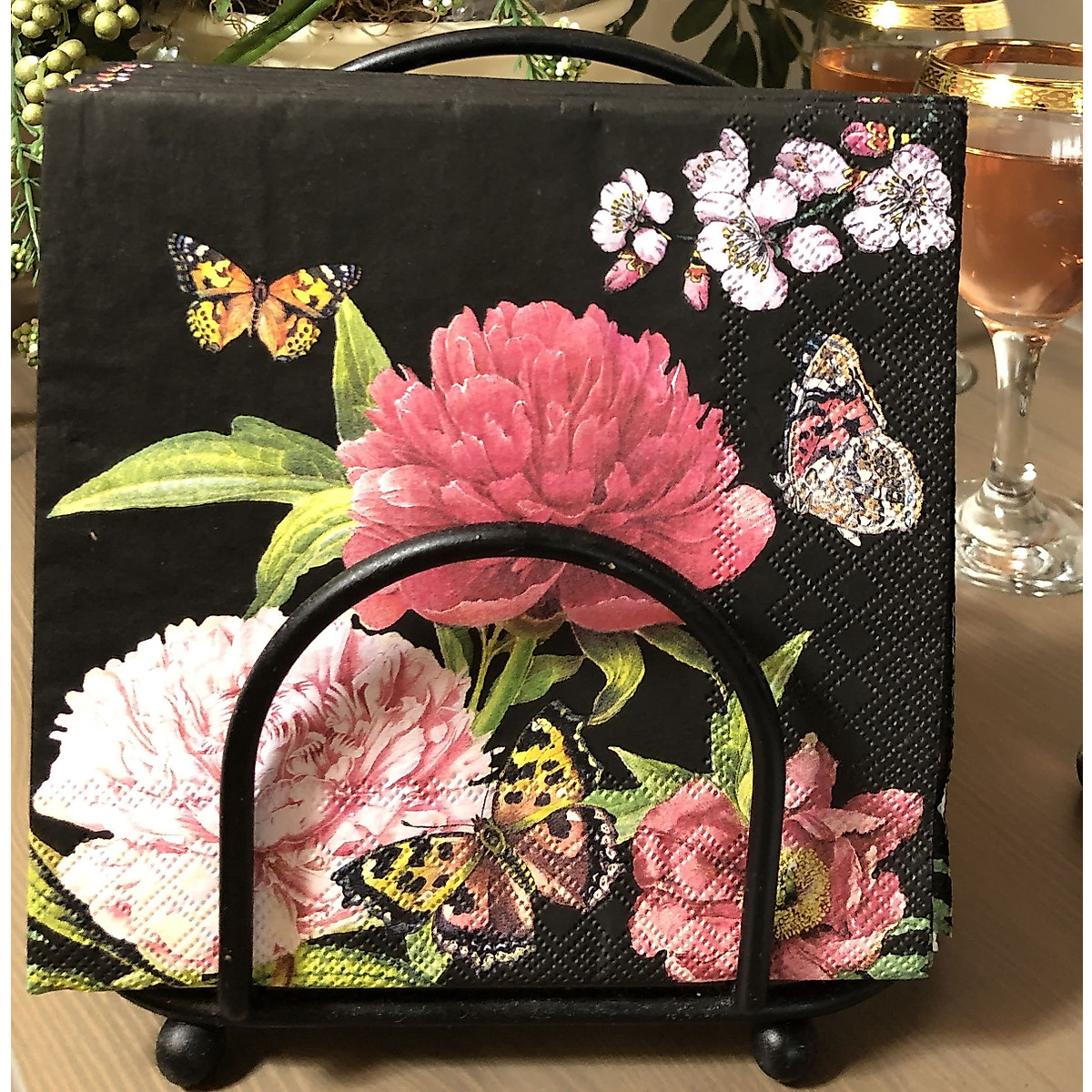 20-ct 13x13 Peony Black Floral Napkins for Decoupage Decorative Napkins for Decoupage Pretty Flower Napkins for Mother's Day Father's Day Beautiful Wedding Cocktail Tea Dinner Lunch Beverage Napkins