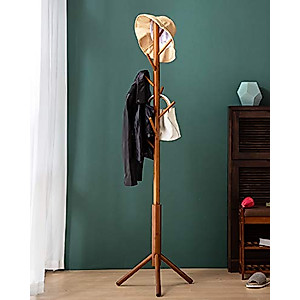 BMOSU Bamboo Coat Rack Freestanding Stand Tree Adjustable Coat with 3 Sections 8 Hooks Easy to Assemble Standing Coat Jackets Hanger for Bedroom Office Hallway Entryway Brown