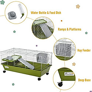 PawHut 35" Small Animal Cage Chinchilla Guinea Pig Hutch Ferret Pet House with Platform Ramp, Food Dish, Wheels, & Water Bottle