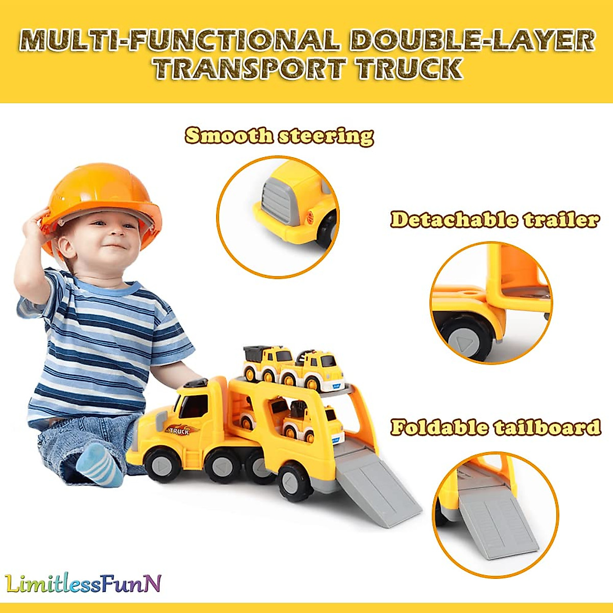 LimitlessFunN Toys Carrier Truck Transport Car Play Vehicles Set with Light & Sound [ Friction Power Push and Go ] - for Girls & Boys (Construction Vehicles)