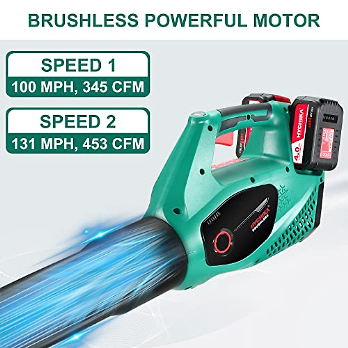 HYCHIKA 40V Cordless Leaf Blower Brushless,453CFM 131MPH Variable Speed 22500RPM,Electric Leaf Blower+2PCS 4.0Ah Li-ion Batteries & Charger,Handheld Sweeper for Blowing Leaves,Dust,Debris,Snow Blower