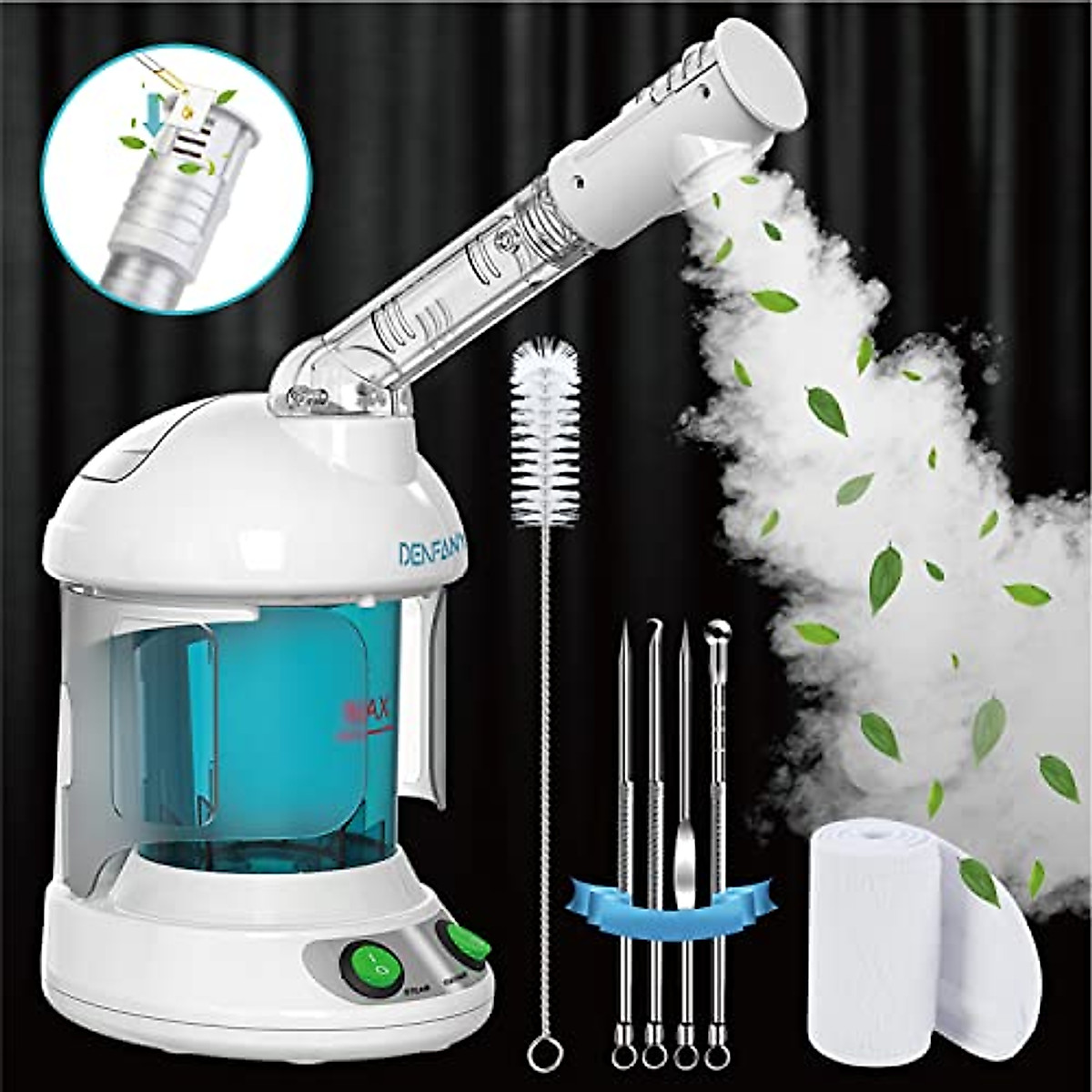 Nano Ionic Facial Steamer with 360° Rotating Nozzle, Portable Facial Steamer for Personal Care Use at Home or Salon Bonus 1 Piece Spa Headband 4 Piece Stainless Steel Skin Kit (White)