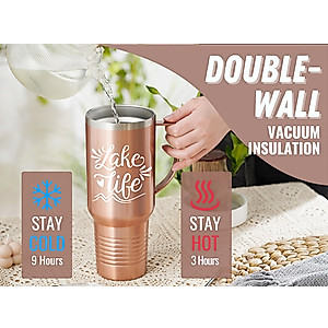 Onebttl Lake House Gifts, Lake Gifts for Women, Men, 40oz Insulated Travel Cup with Handle Lake Life Gifts, Housewarming Gifts for Lake House, Gifts for Lake Lovers, Rose Gold - Lake Life