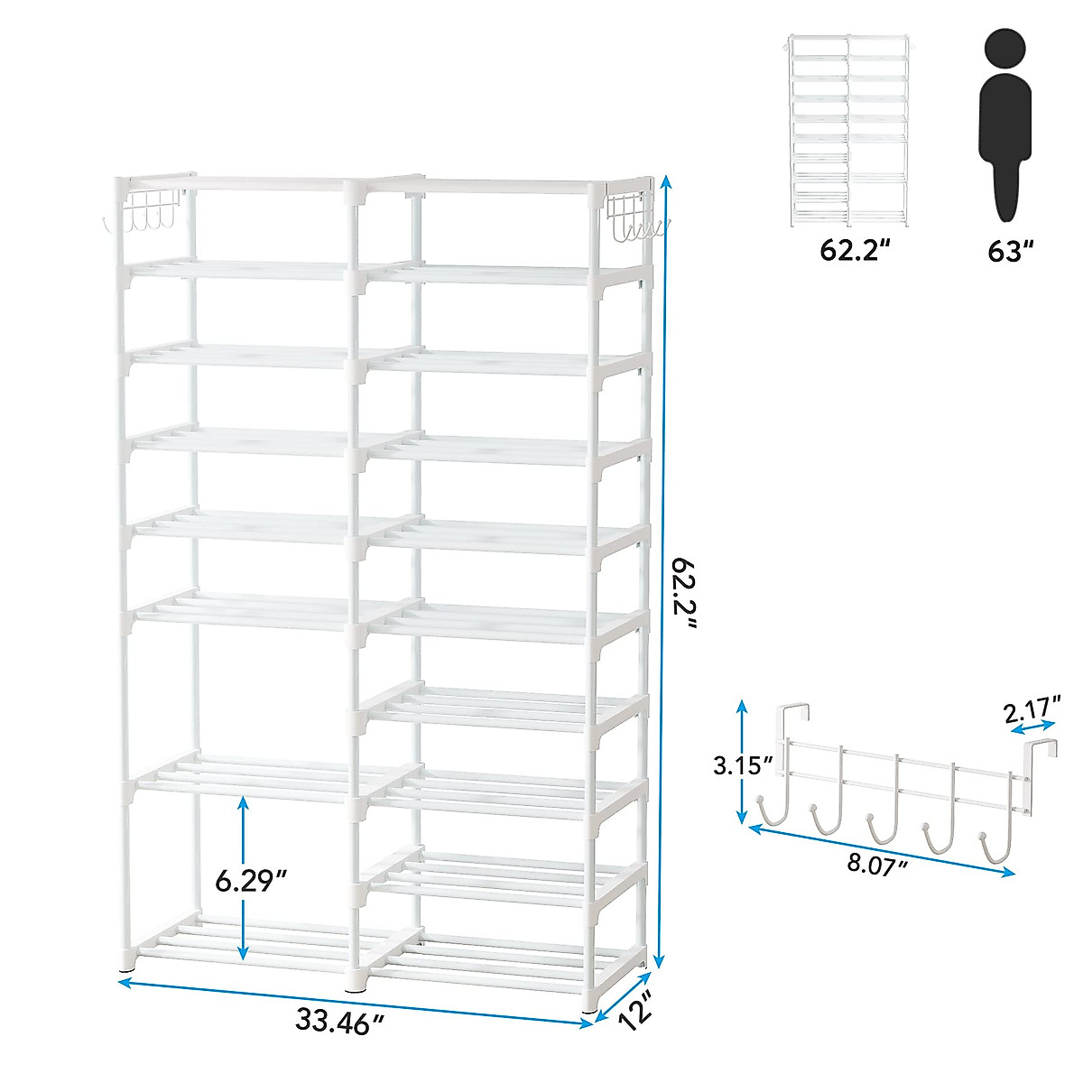 Tribesigns Shoe Rack, 10 Tiers Shoe Stand - Stores 36-44 Pairs, Closet Organizer with Boot Rack and 2 Hooks