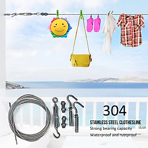 17.4FT Stainless Steel Clothes Lines for Hanging Clothes Outside - DEWEL Clothesline Heavy Duty for Wire Curtain Hanging - Windproof Anti-sag Multipurpose Outdoor Clothesline