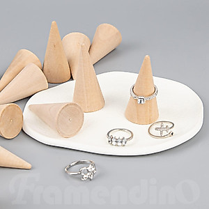 Framendino, 10 Pack Natural Wood Cone Ring Holder Finger Jewelry Display Stand Organizer DIY Craft Wooden (Vertical Shaped)